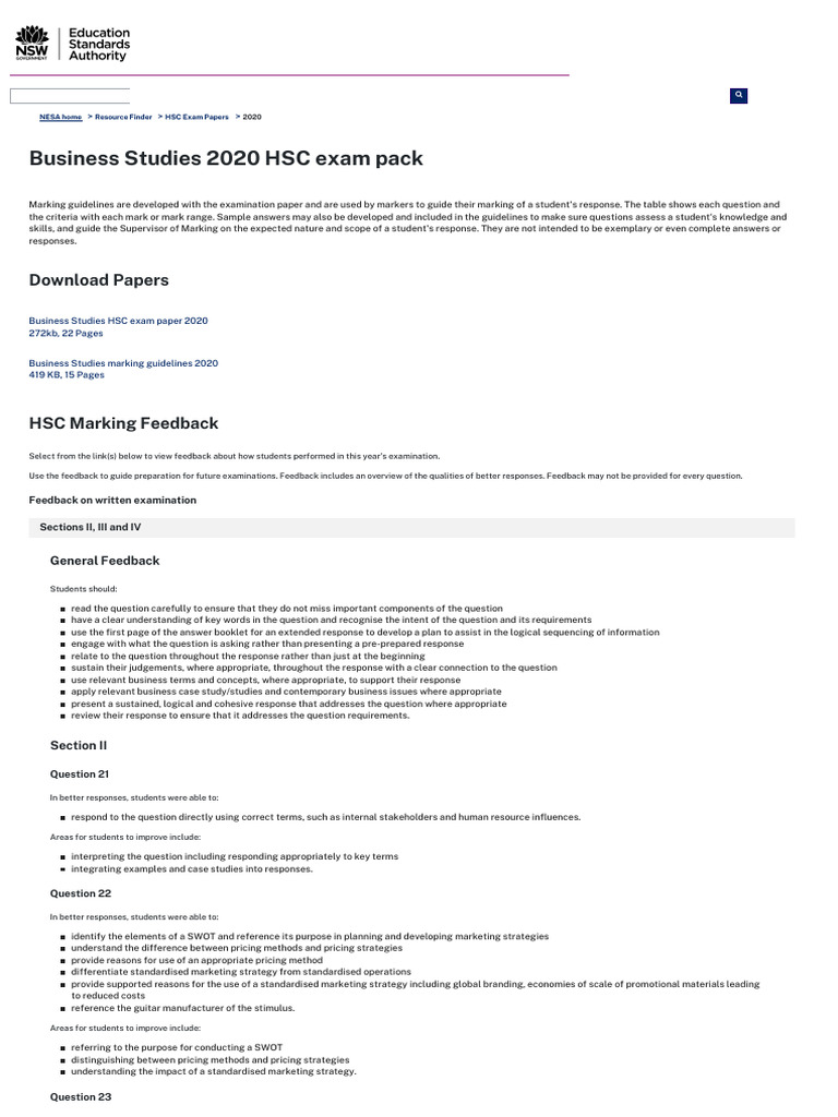 Business Studies 2020 HSC Exam Pack NSW Education Standards | PDF ...