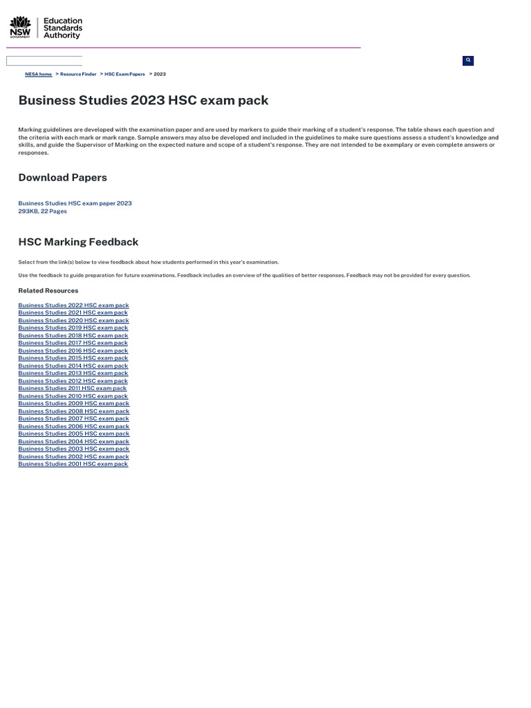 Business Studies 2023 HSC Exam Pack NSW Education Standards | PDF