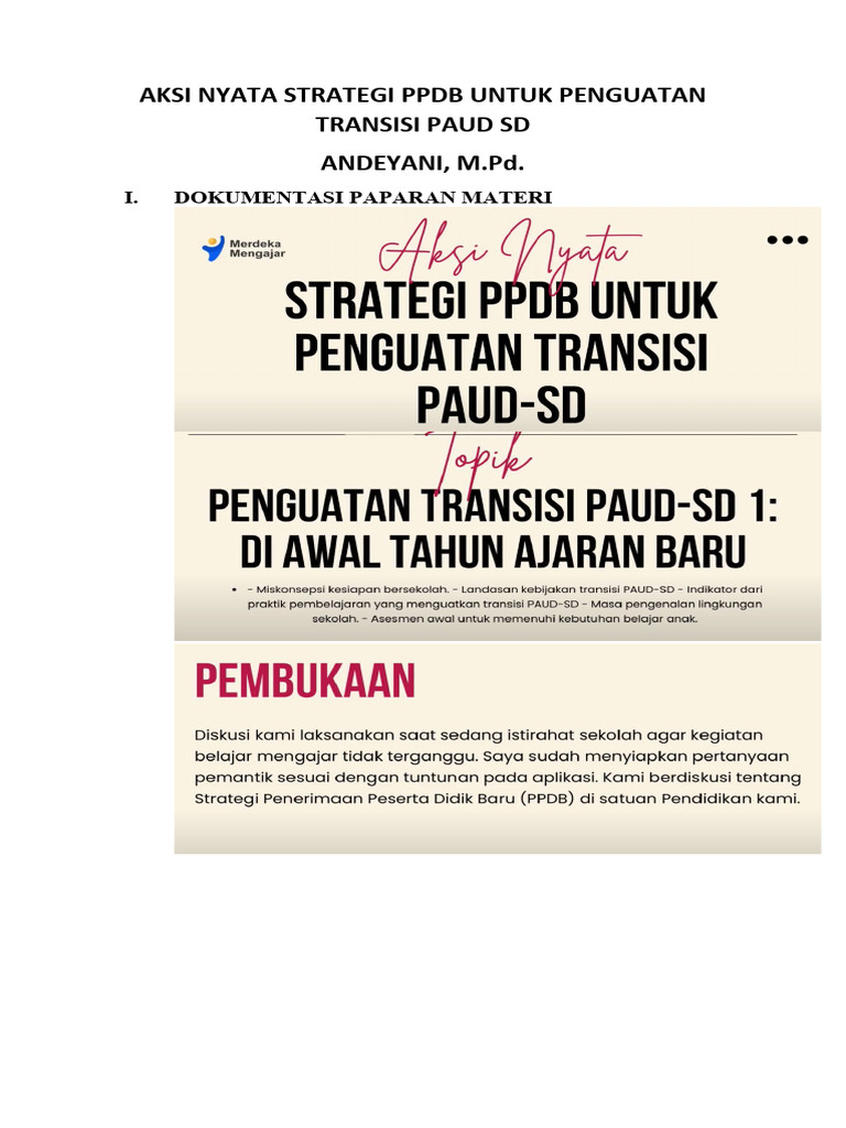 Aksi Nyata Strategi PPDB Untuk Penguatan Transisi Paud SD | PDF
