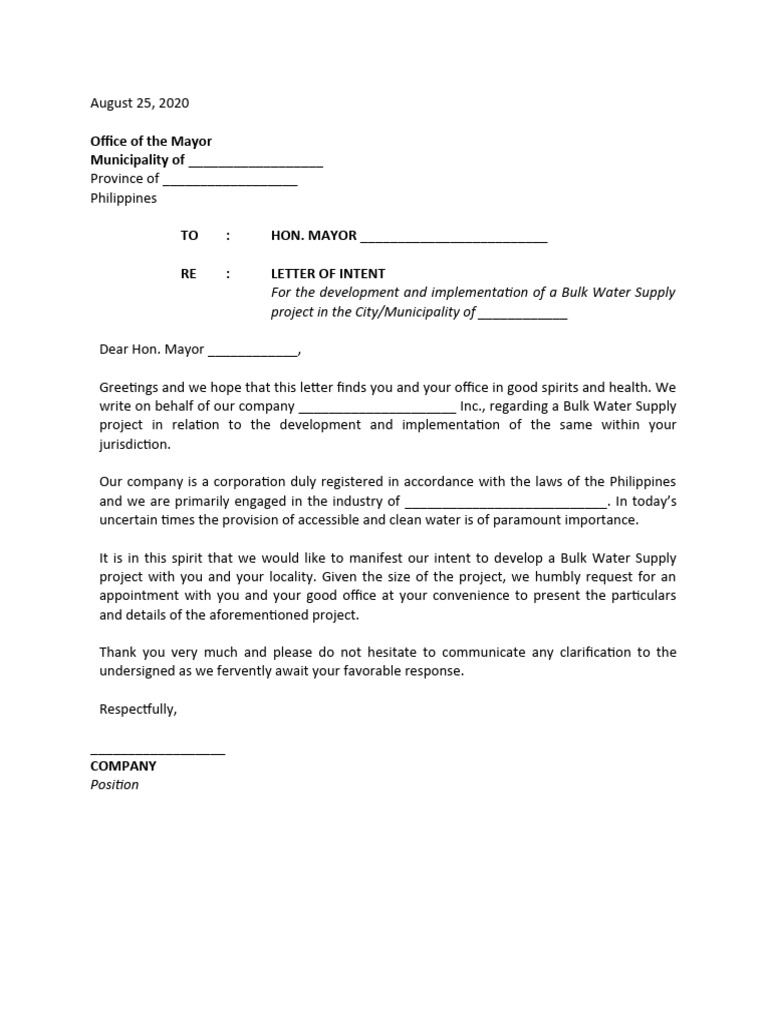 Bulk Water Supply Letter of Intent | PDF