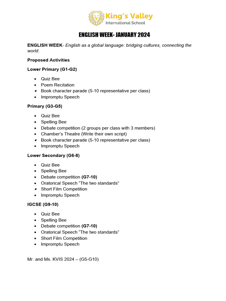 English Week Activities 2024 Overview | PDF | Human Communication
