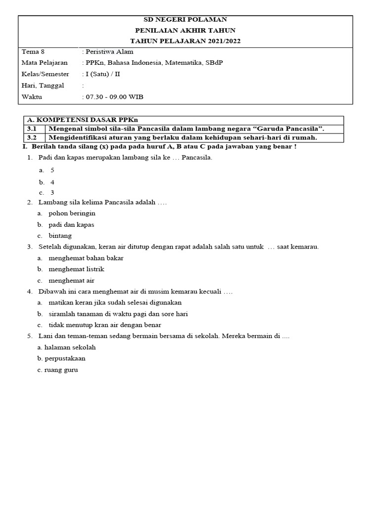 Soal Pas Kelas 1 Tema 8 | PDF