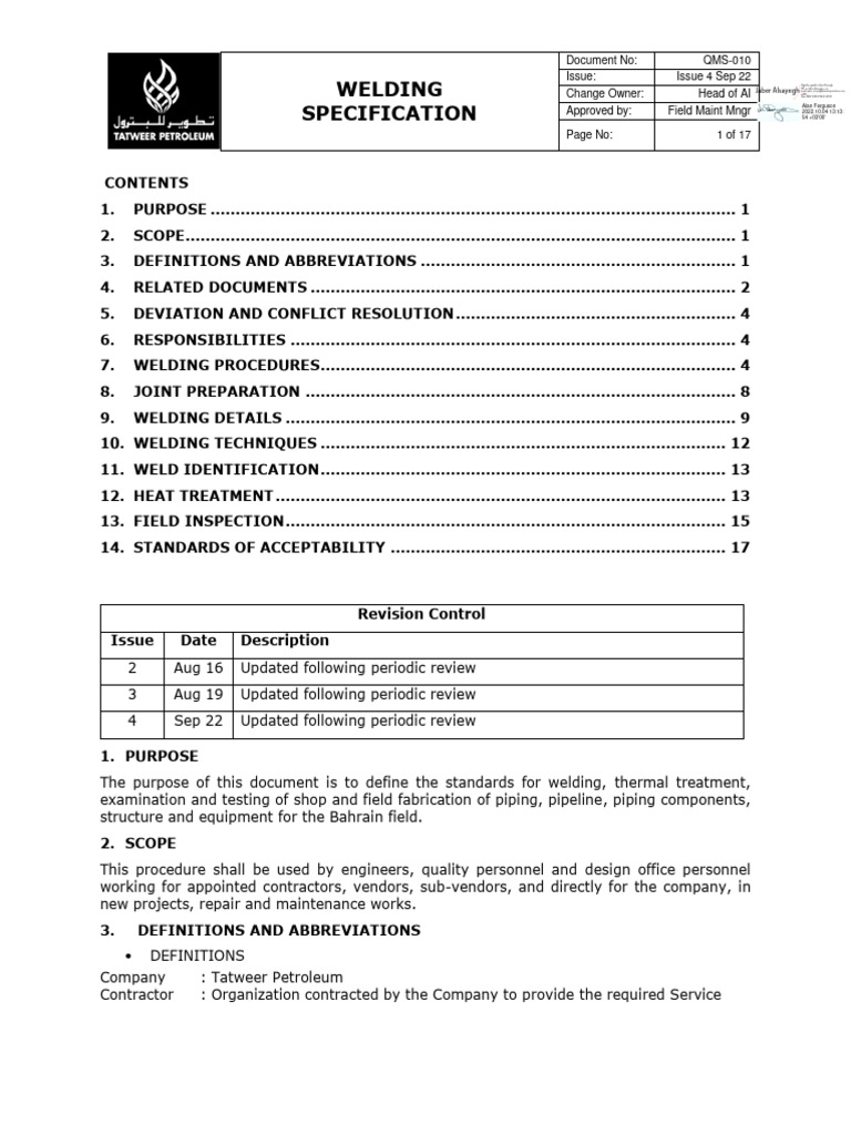 QMS-010 Welding Specification Issue 4 Sep 2022 | PDF | Construction ...