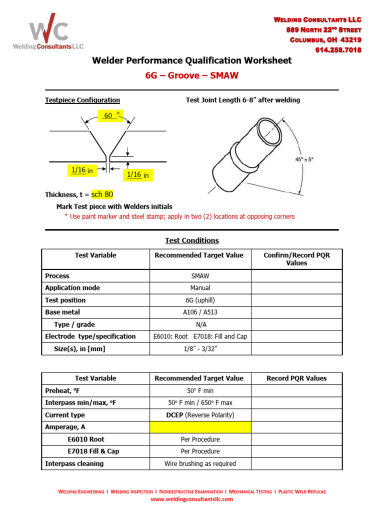 6G SMAW Welder Qualification Worksheet | PDF | Welding | Construction