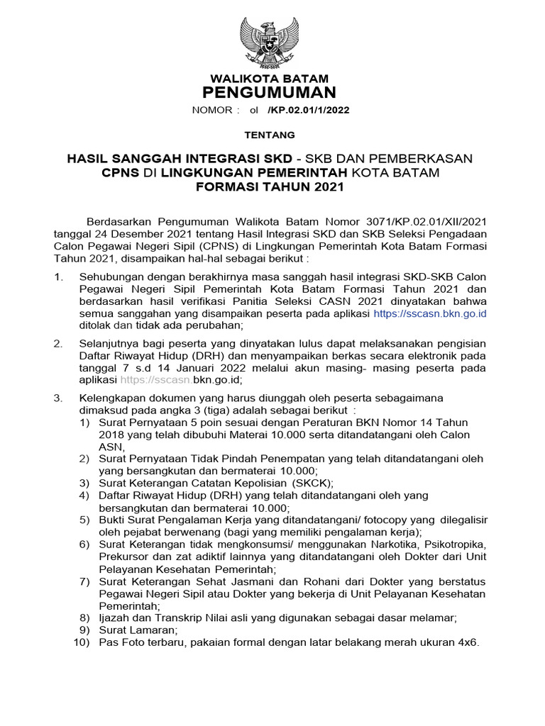 Pengumuman Hasil Sanggah Integrasi SKD SKB 2021 - DG - Lampiran Dikonversi | PDF
