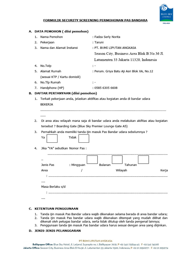 Formulir Security Screening | PDF
