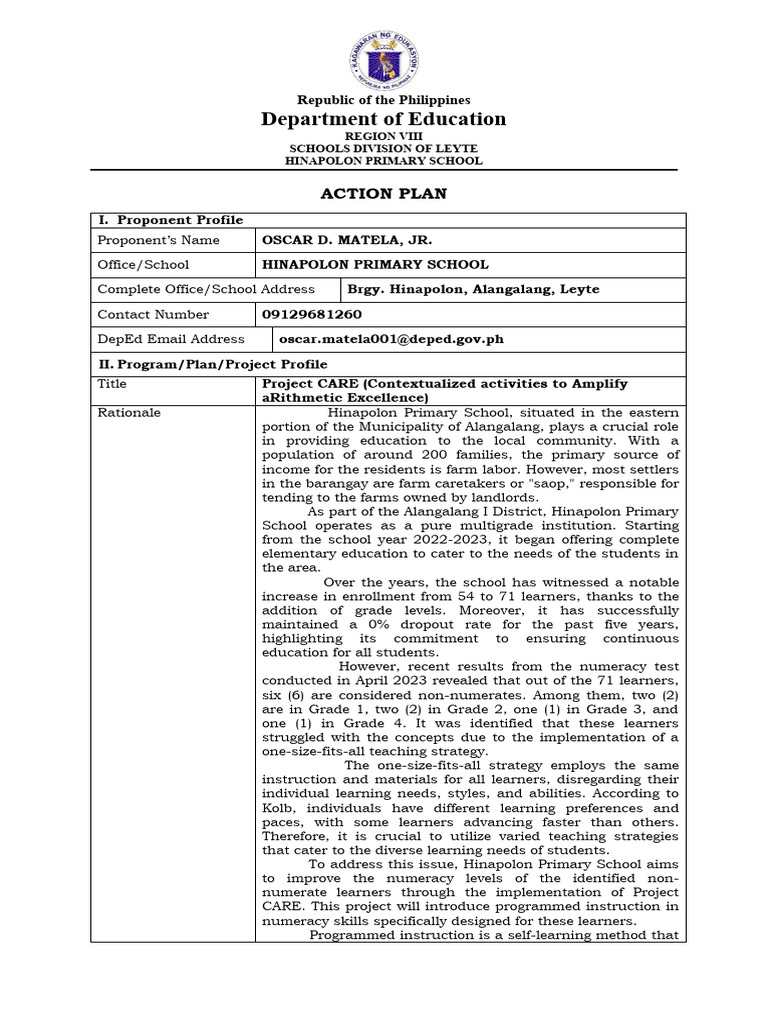 Action Plan Project CARE | PDF | Learning | Teachers