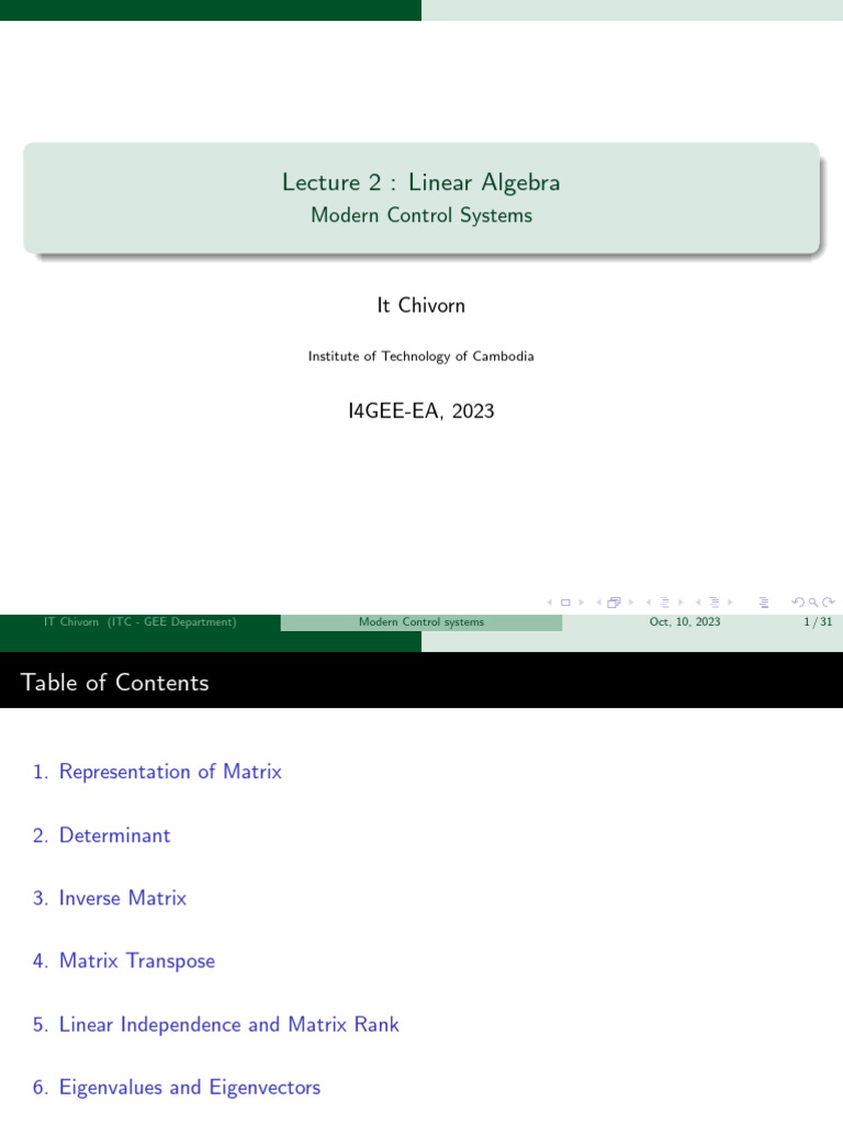Lecture 2: Linear Algebra: Modern Control Systems | PDF | Eigenvalues And Eigenvectors | Matrix ...