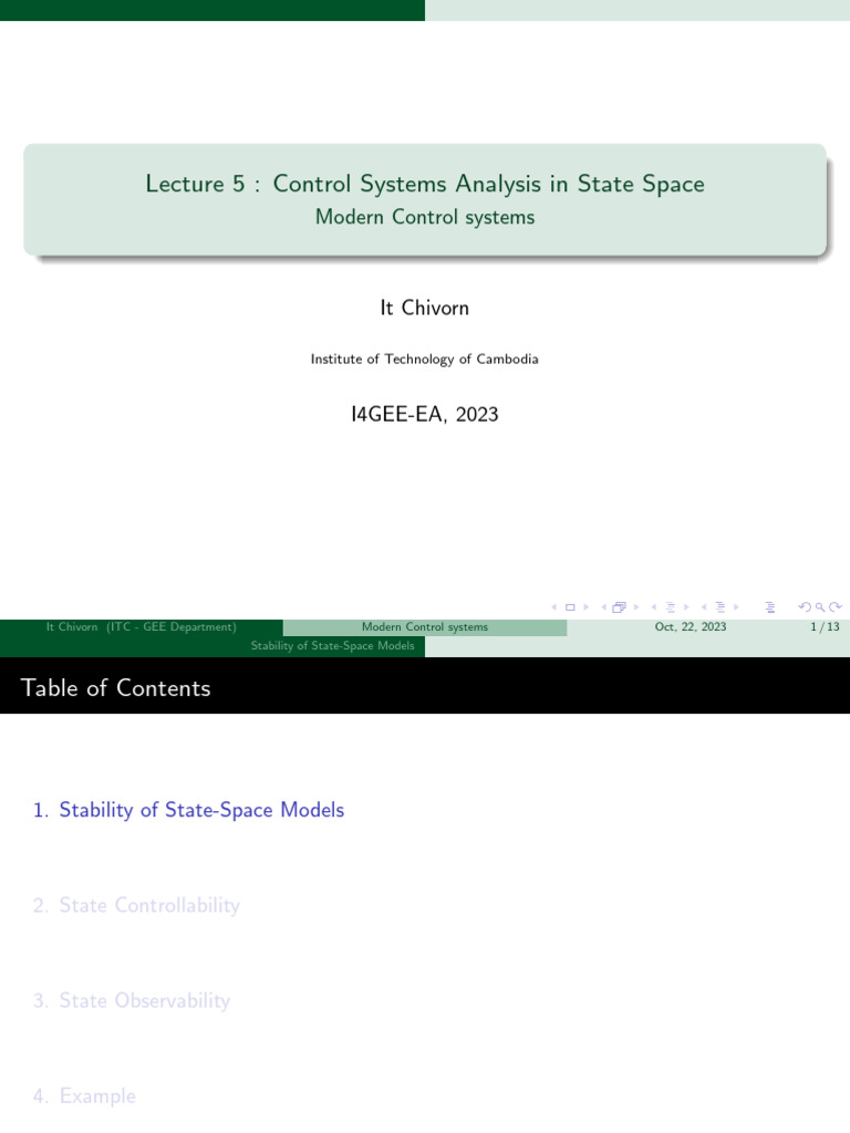 Lecture 5: Control Systems Analysis in State Space | PDF | Stability Theory | Equations