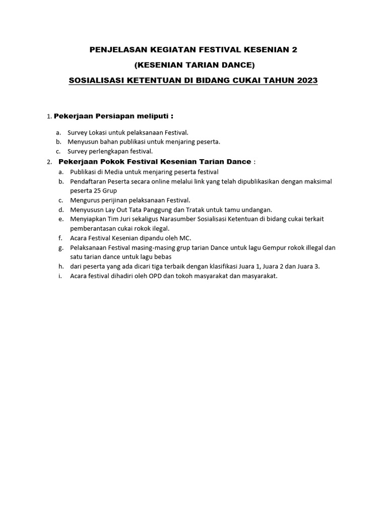 Penjelasan Uraian Pekerjaan Festival Kesenian Dance | PDF | Sains & Matematika