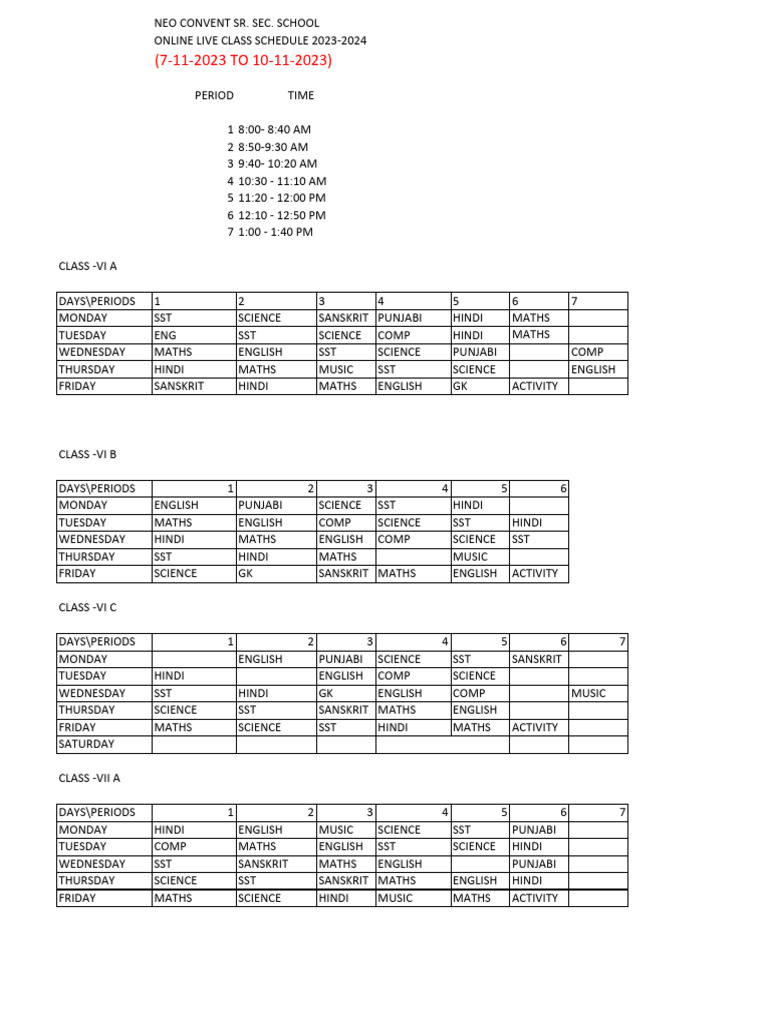 Neo Convent School Class Timetable 2023 | PDF