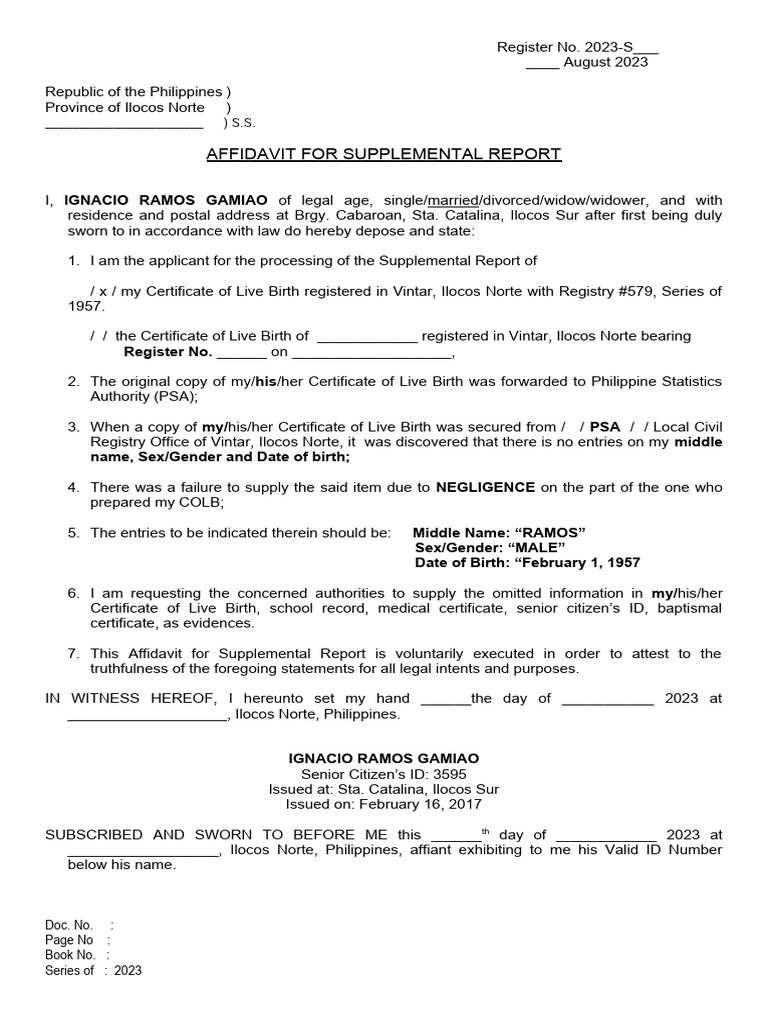 Prescribed Supplemental Affidavit | PDF | Affidavit | Birth Certificate