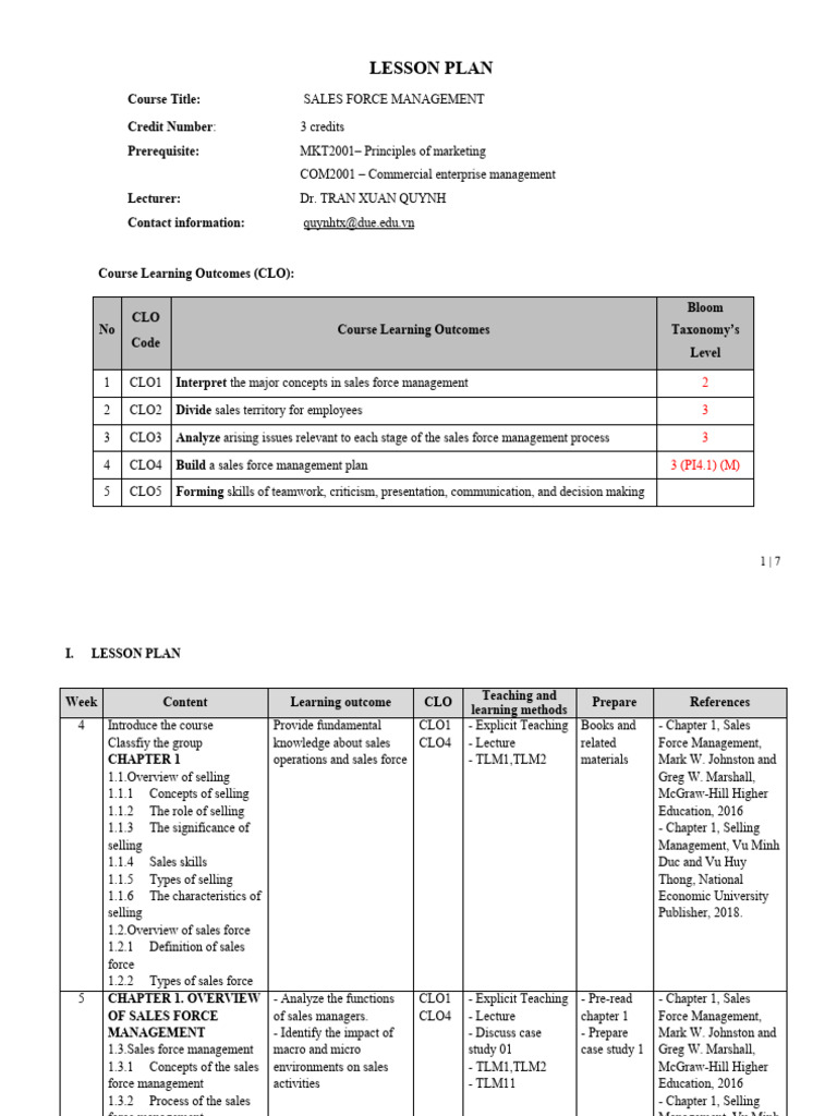 Lesson Plan - Sales Force Management | PDF | Sales | Business Economics