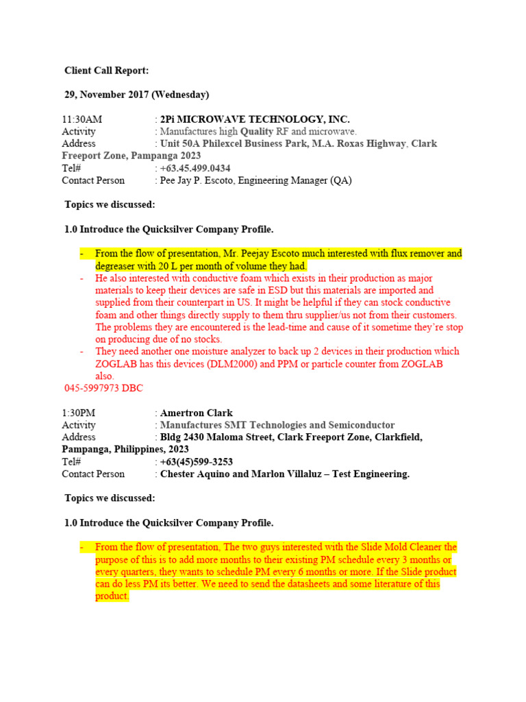 Client Call Report - Nov 29 2017 Amertron, 2pi, and DBC | PDF ...