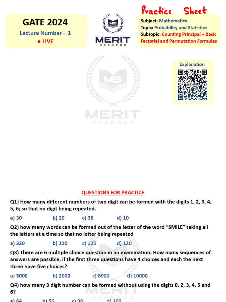 Lecture 1 Counting Principal And Basic Factorial Formula Practice Pdf