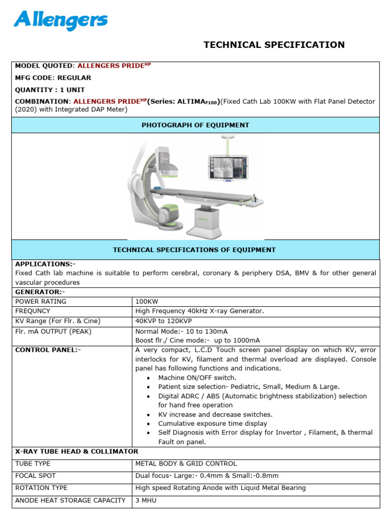 Allengers Cath Lab Equipment Specs | PDF | Computer Monitor | Vacuum Tube