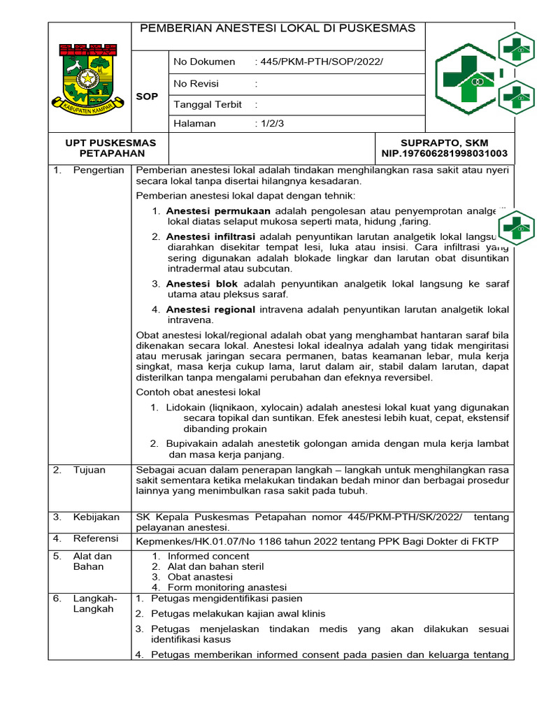Sop Anastesi Lokal | PDF