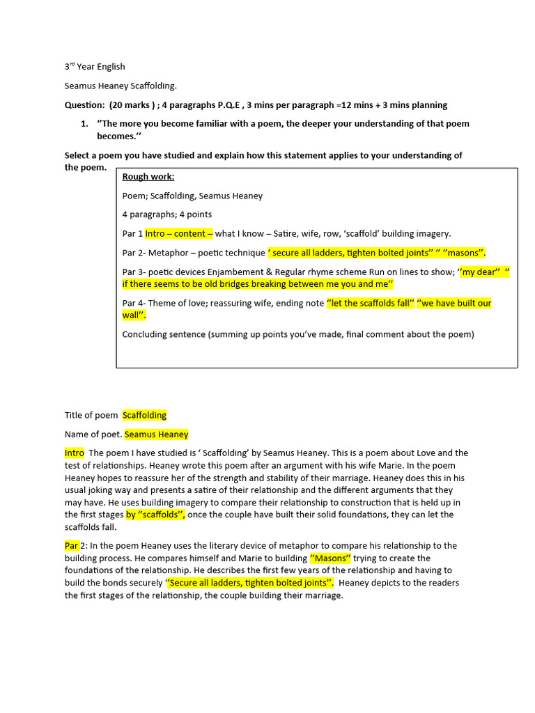 3rd Year English Scaffolding Sample Answer | PDF | Poetry | Scaffolding