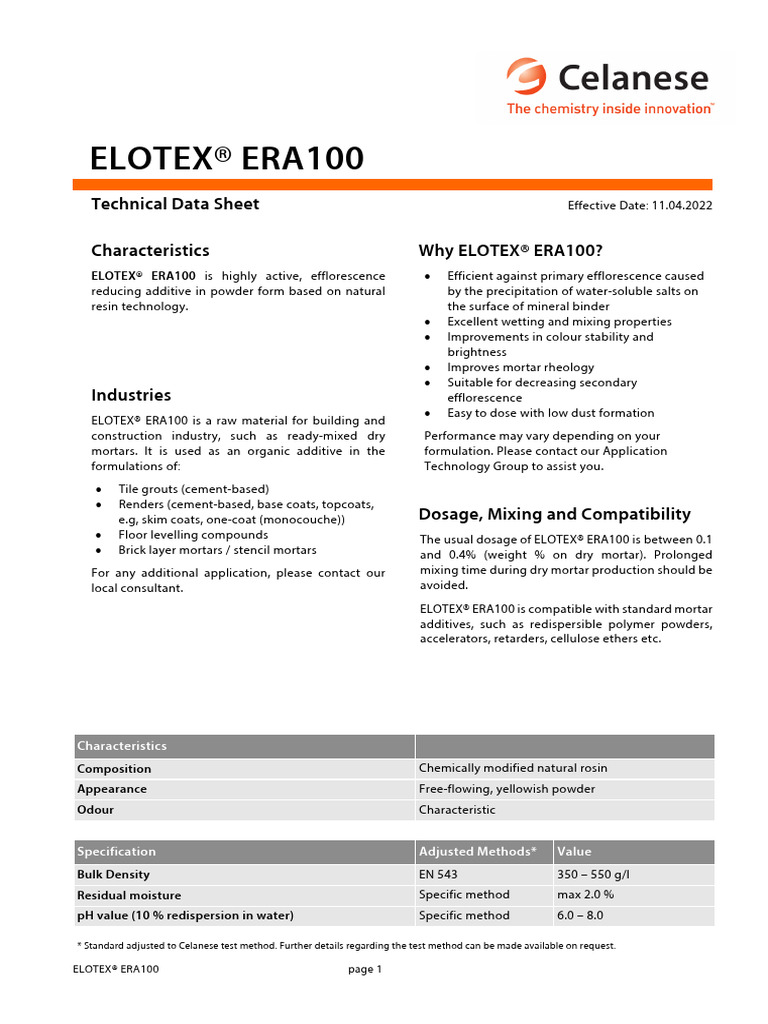 TDS ELOTEX ERA100 en | PDF | Mortar (Masonry) | Packaging And Labeling