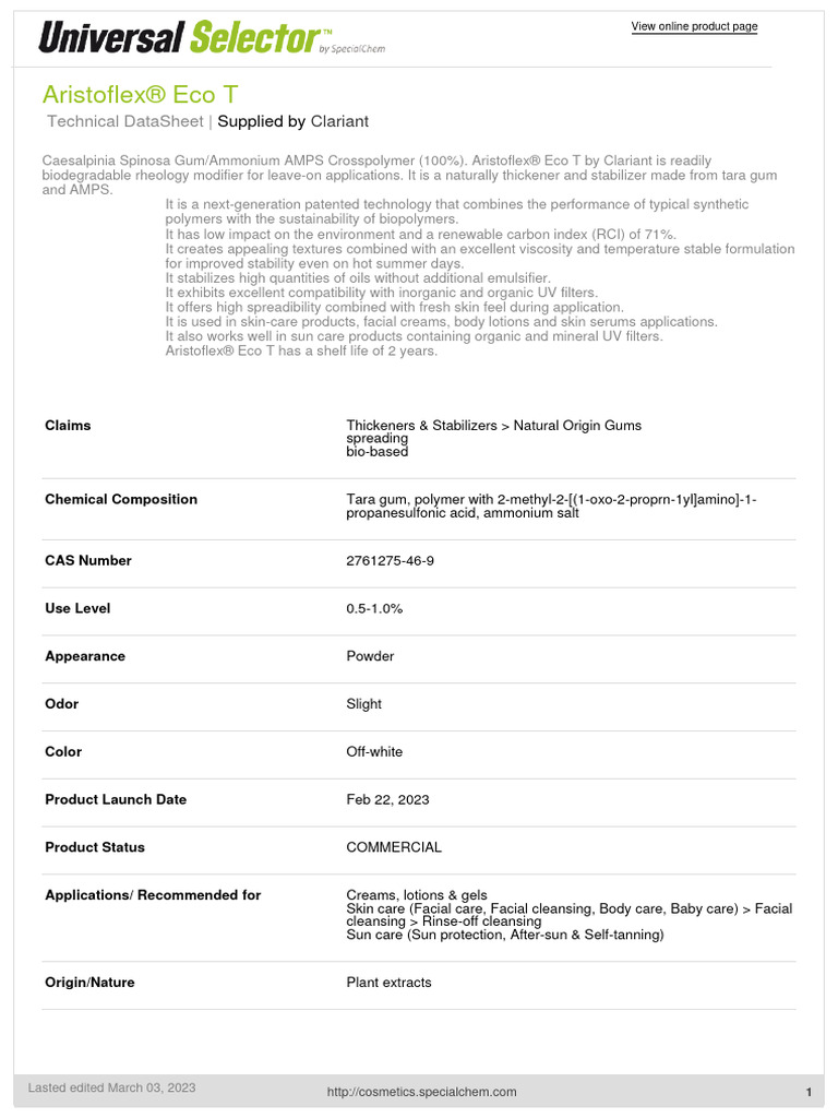 Aristoflex® Eco T - Clariant | PDF | Cosmetics | Chemistry