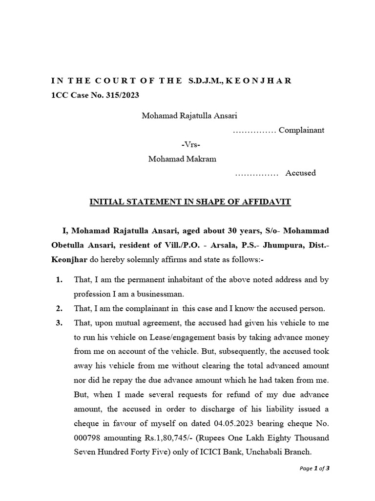 Initial Statement of Mohammad Rajatulla Ansari Complaint Case | PDF | Cheque | Justice