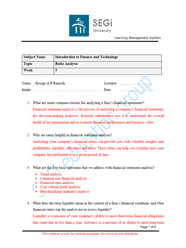 Tutorial 5 - Ratio Analysis - Answer | PDF | Stocks | Market Liquidity