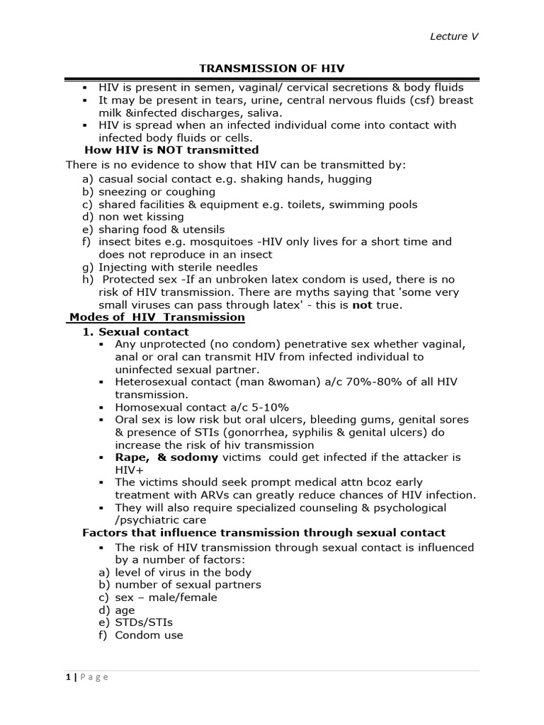 Lecture 5 TRANSMISSION, OF HIV | PDF | Hiv/Aids | Condom