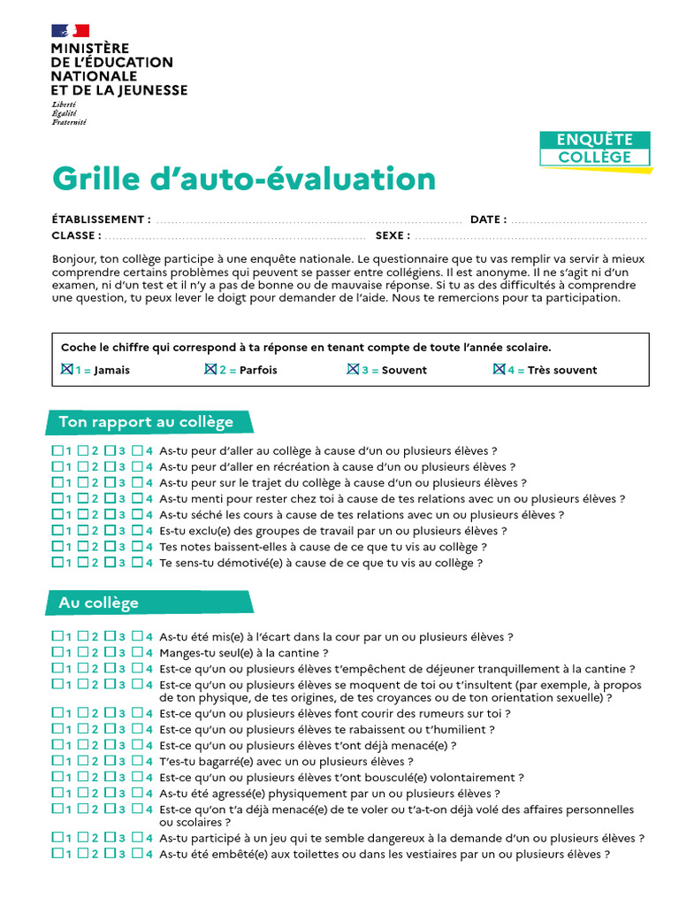 Questionnaire sur le harcèlement scolaire | PDF