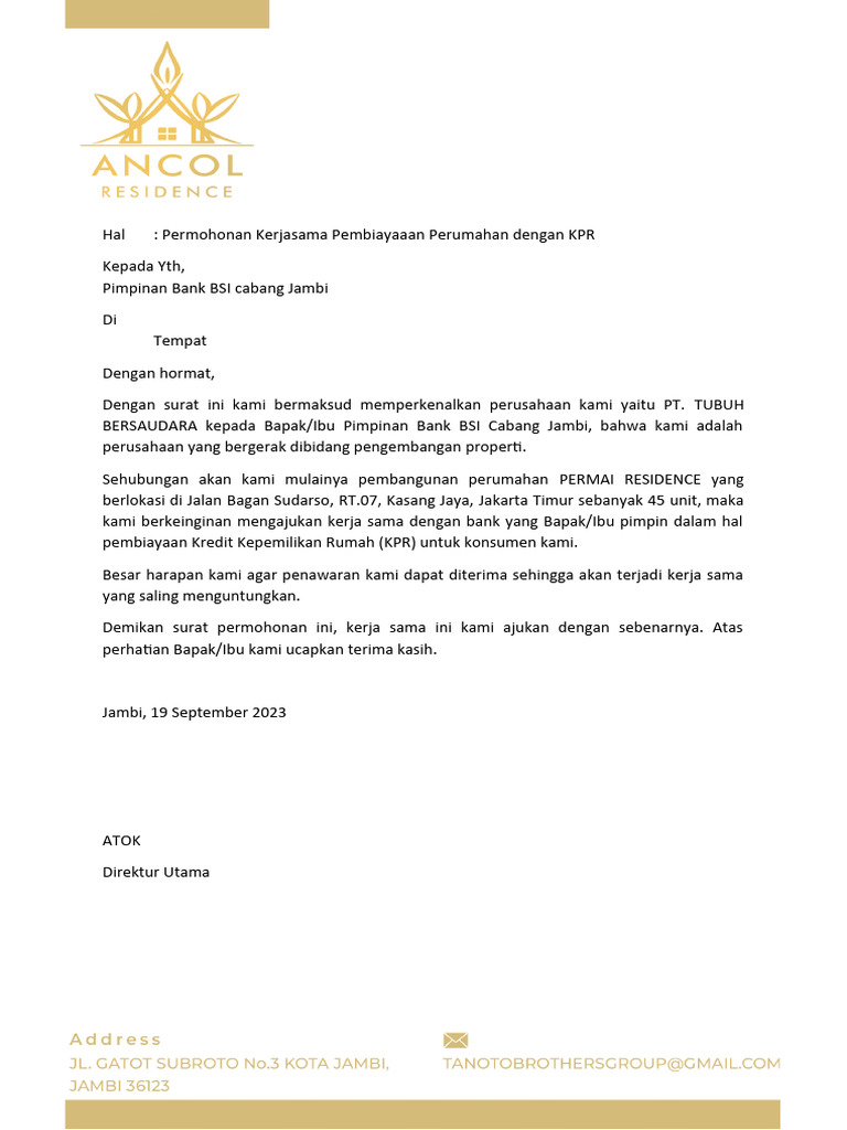 Surat Permohonan Kerja Sama Developer BSI | PDF