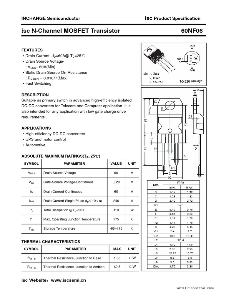 60NF06 Specifications | PDF | Field Effect Transistor | Mosfet