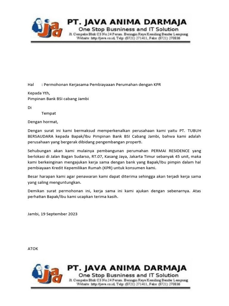 Surat Permohonan Kerja Sama Developer BSI | PDF