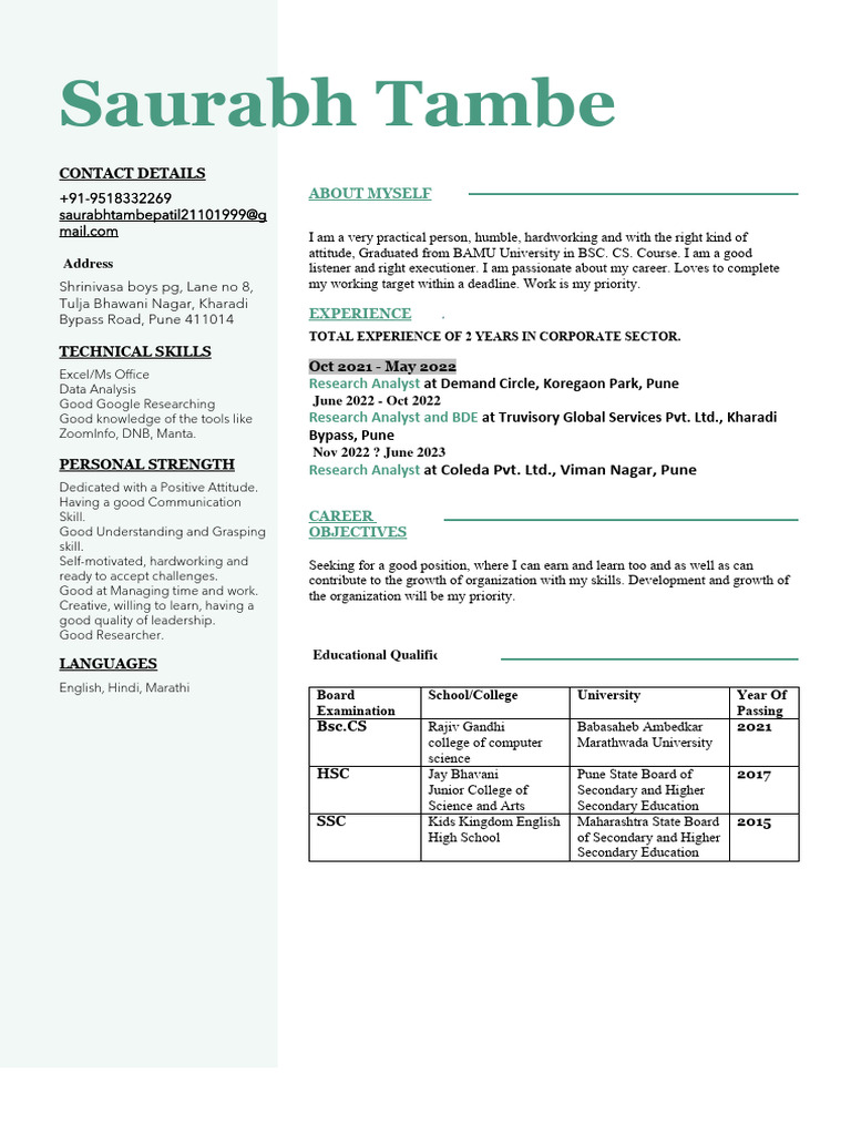 Saurabh Tambe Resume 2023 | PDF | Learning