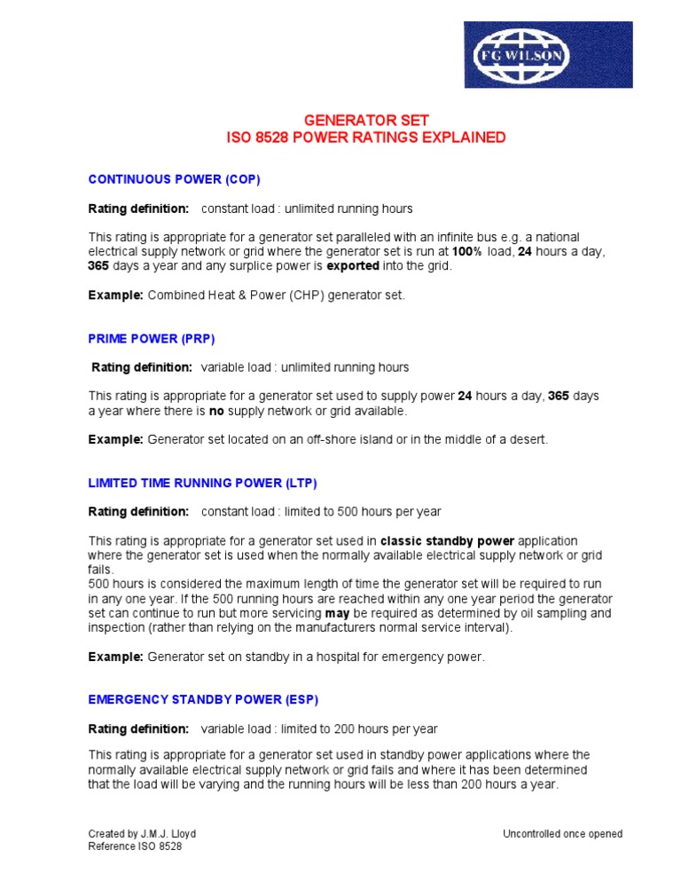 Generator Set Iso 8528 Power Ratings Explained