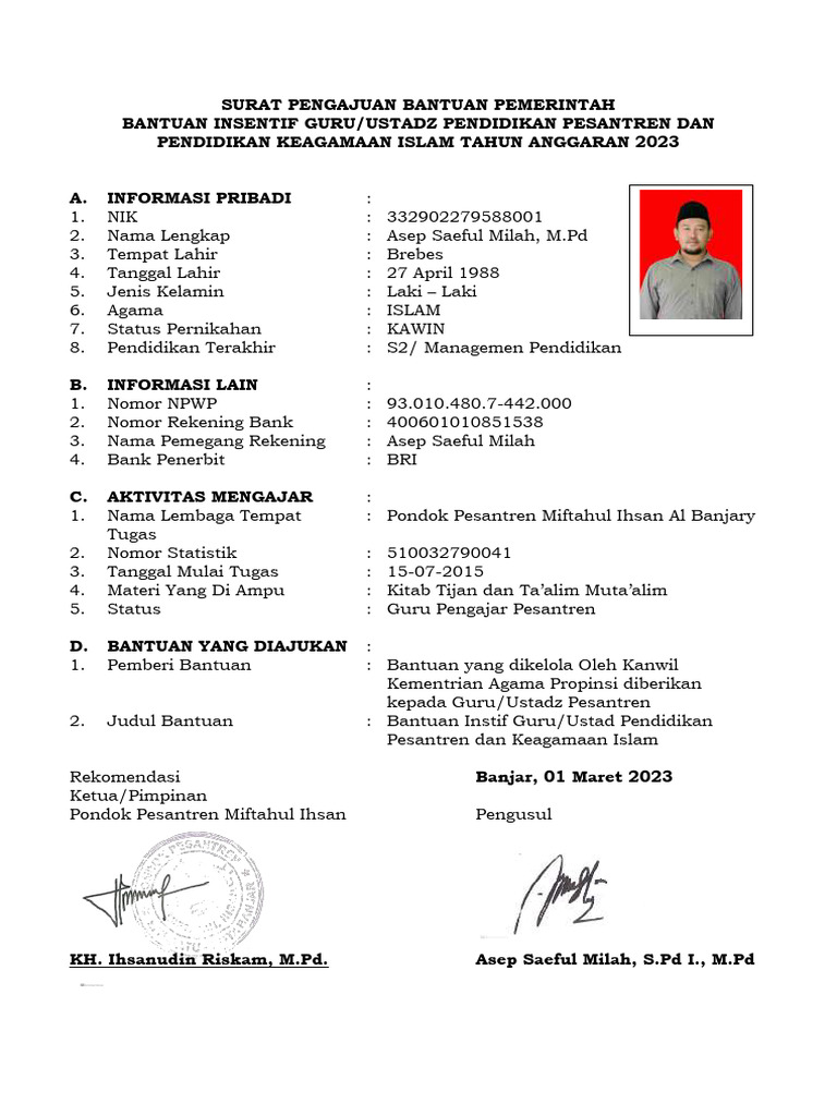 Surat Permohonan Bantuan Insentif Guru Pesantren ASEP SM Tahun 2023 | PDF