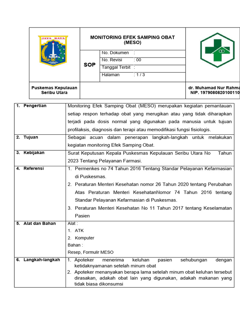 Sop Monitoring Efek Samping Obat (Meso) | PDF | Pengembangan Diri ...