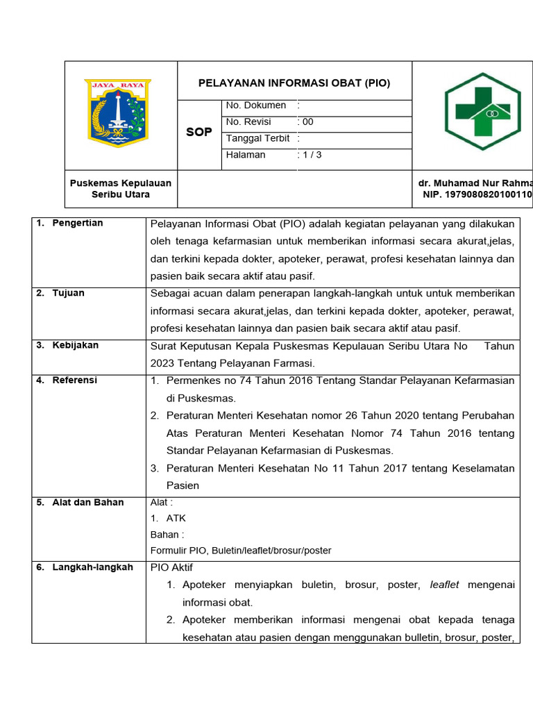SOP PELAYANAN INFORMASI OBAT (PIO) New | PDF