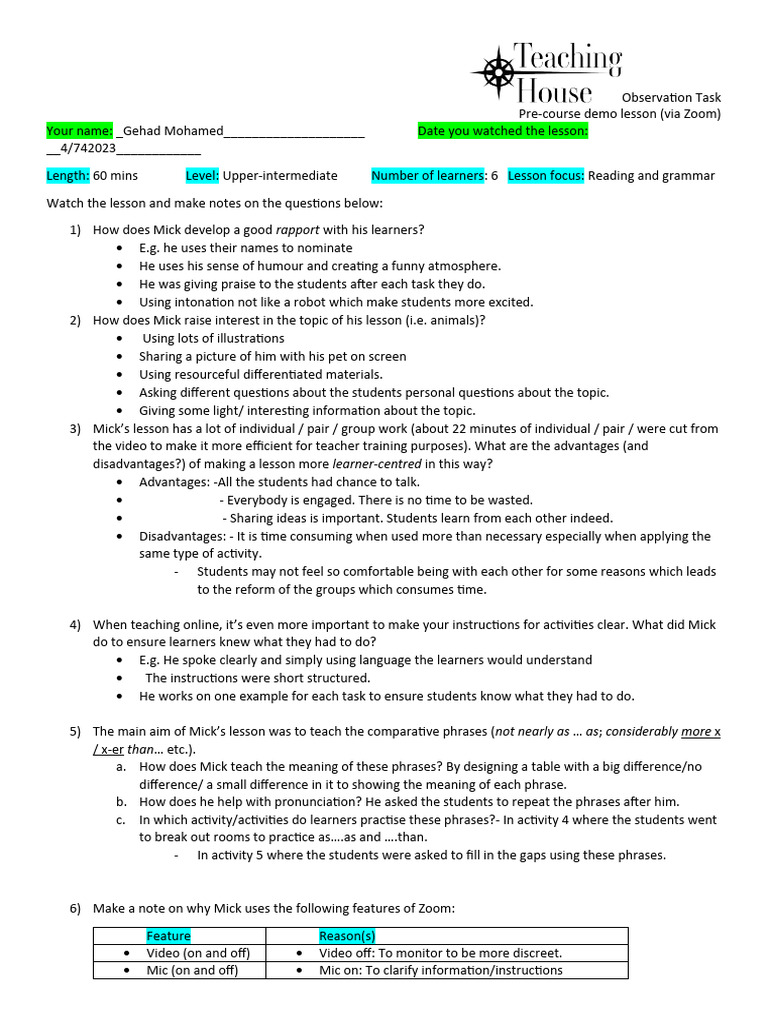 Mick Observation Task | PDF | Classroom | Learning