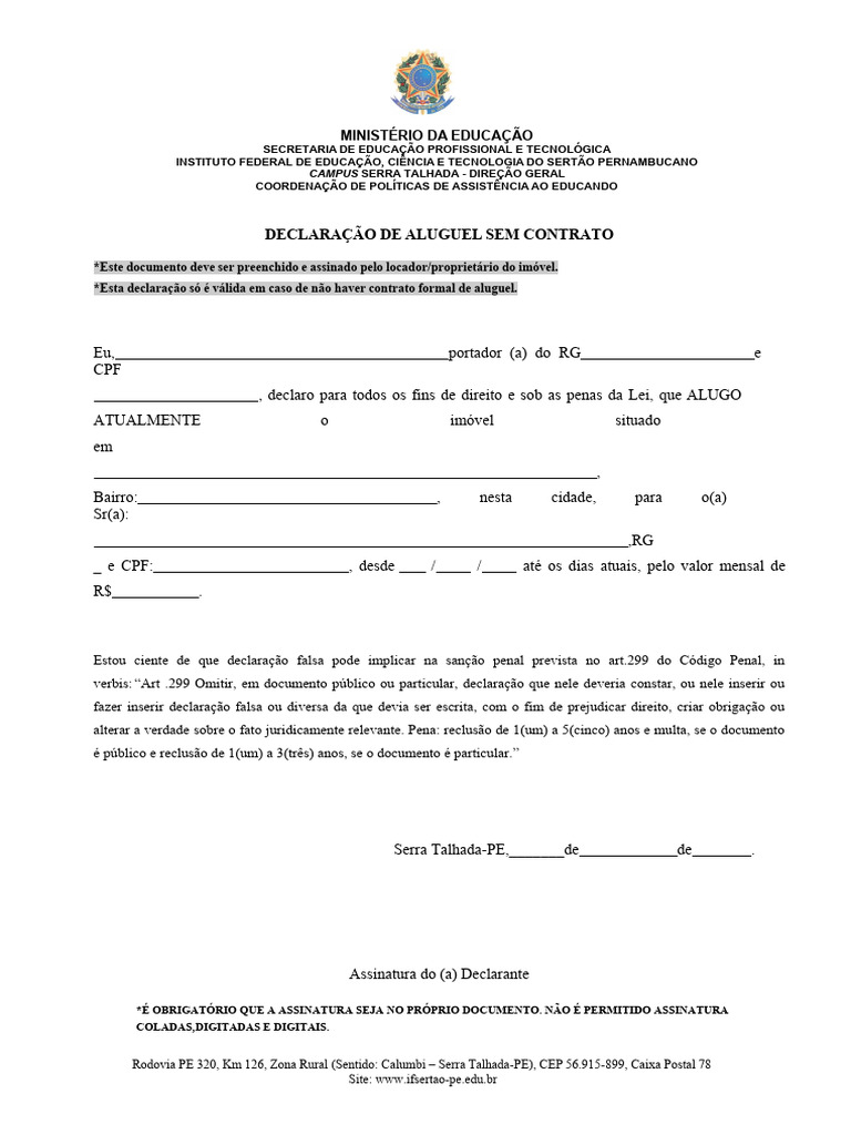 DECLARAÇÃO DE ALUGUEL SEM CONTRATO | PDF | Justiça | Crime e Violência DECLARAÇÃO DE ALUGUEL SEM CONTRATO | PDF | Justiça | Crime e Violência