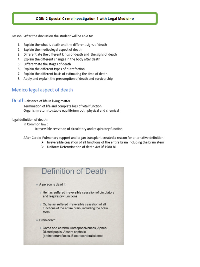 Medico-Legal Aspects of Death Explained | PDF | Death | Decomposition