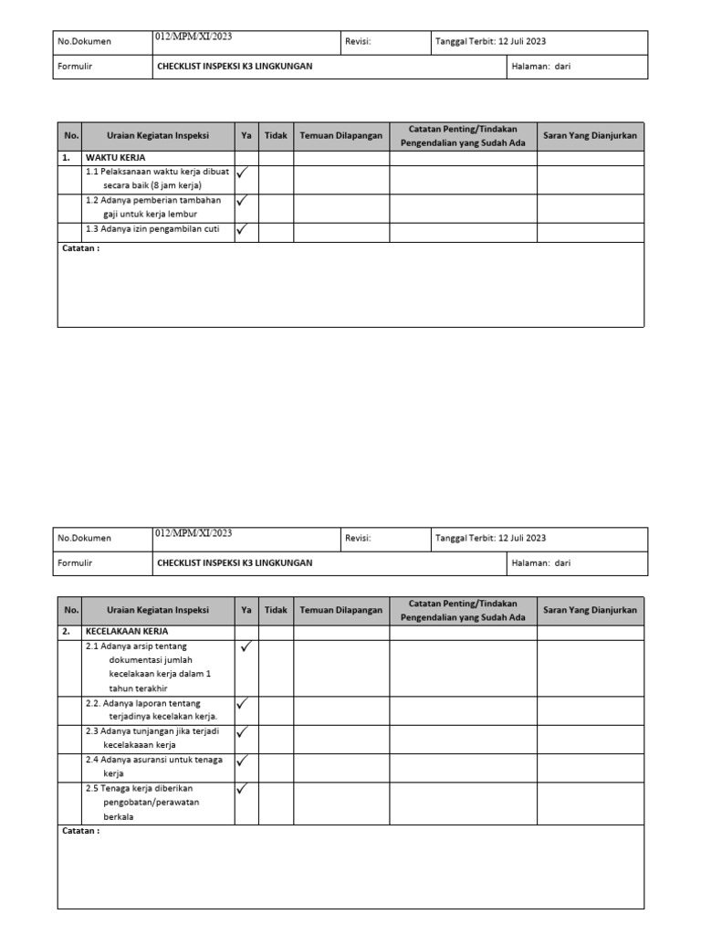 Form Check List Inspeksi K3-Lingkungan | PDF