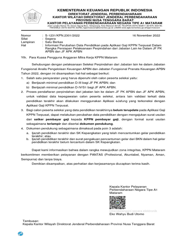 Perubahan Data Pendidikan KPPN | PDF