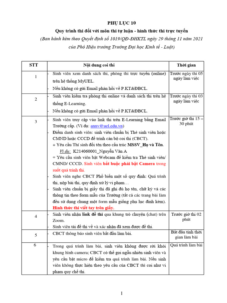 Quy Trinh Thi Truc Tuyen - TuLuan - Final (Dành Cho Người Học) (Phụ Lục 10) | PDF