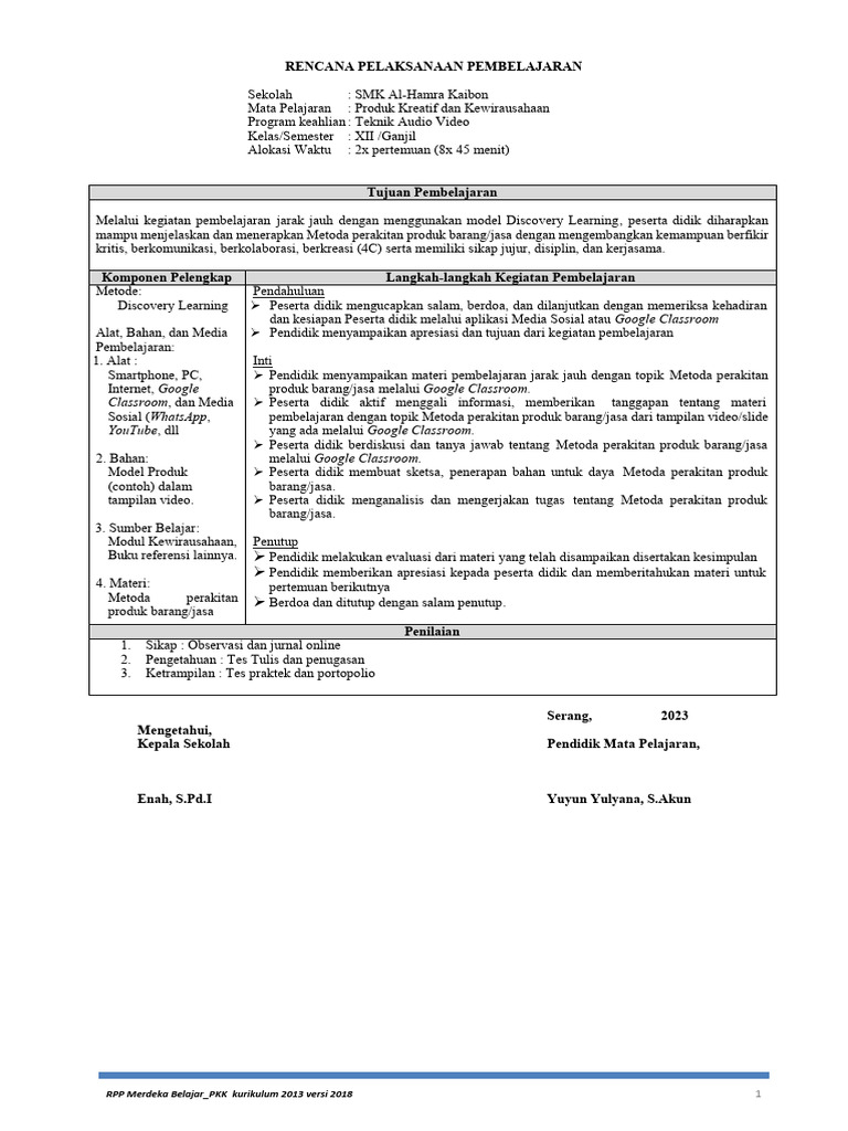 RPP Produk Kreatif Kewirausahaan Kelas Xii Tav SMK Alhamra Kaibon | PDF ...