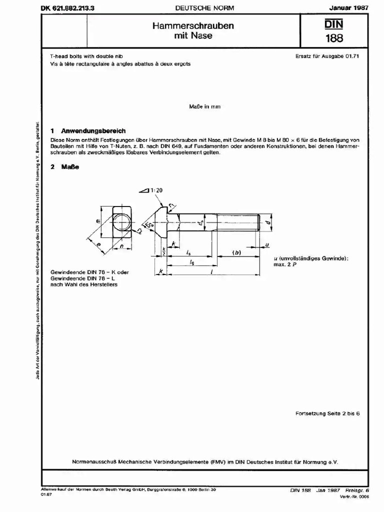 DIN 188 1987 - Hammerhead Bolts | PDF