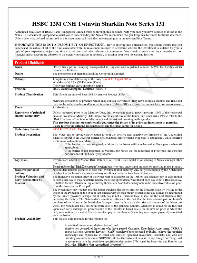 HSBC 12M CNH Twinwin Sharkfin Note | PDF | Renminbi | Investing