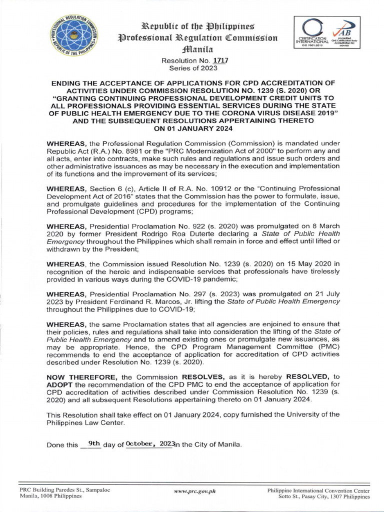 Ending The Acceptance of Applications For CPD Accreditation of Activities Under Commission ...