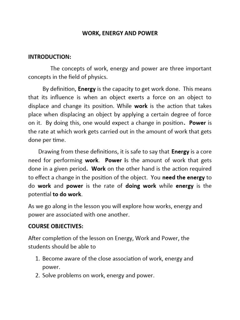 Lesson 5 Energy, Work and Power | PDF | Potential Energy | Force