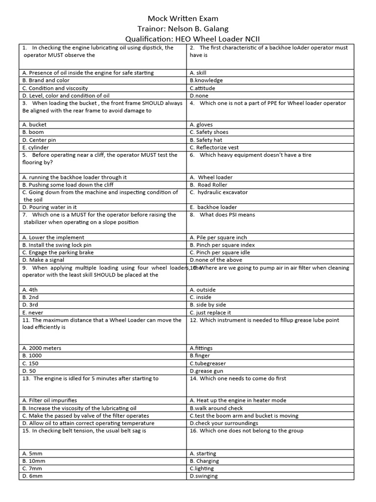 Pre-Test Exam | PDF | Loader (Equipment) | Mechanical Engineering
