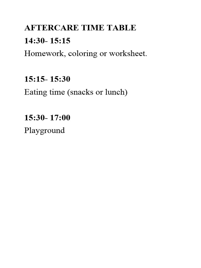 Aftercare Time Table | PDF