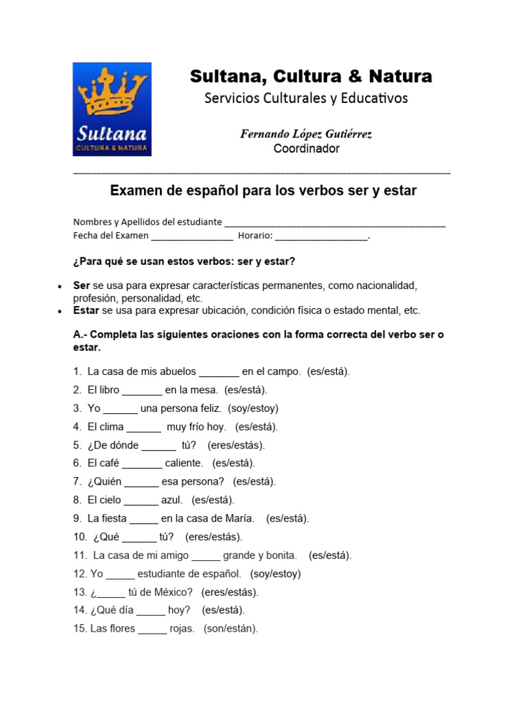 Examen de español para los verbos ser y estar | PDF